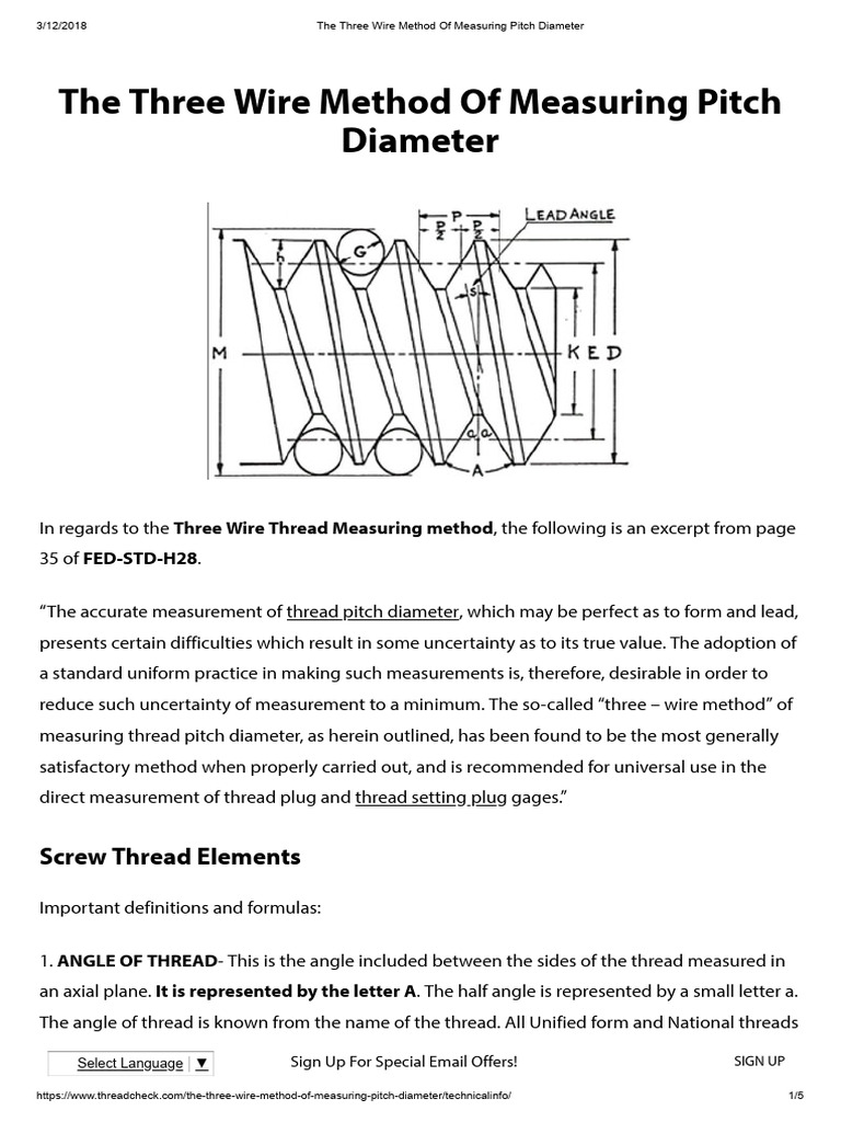 The Three Wire Method of Measuring Pitch Diameter | PDF | Screw | Metalworking