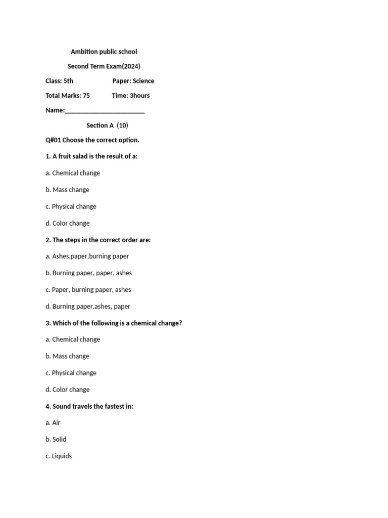 Class 5th Science Paper-WPS Office | PDF
