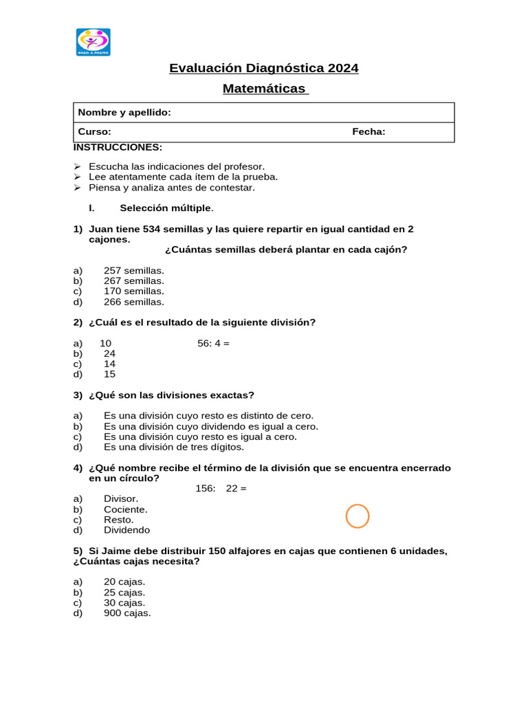 Evaluación Diagnóstica Matematicas 2024 Laboral | PDF | División (Matemáticas) | Matemáticas
