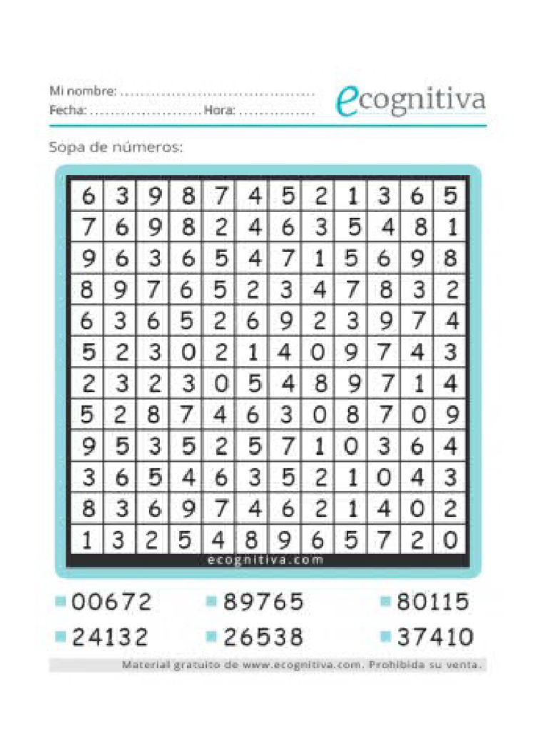 Sopa de Letras Numeros | PDF