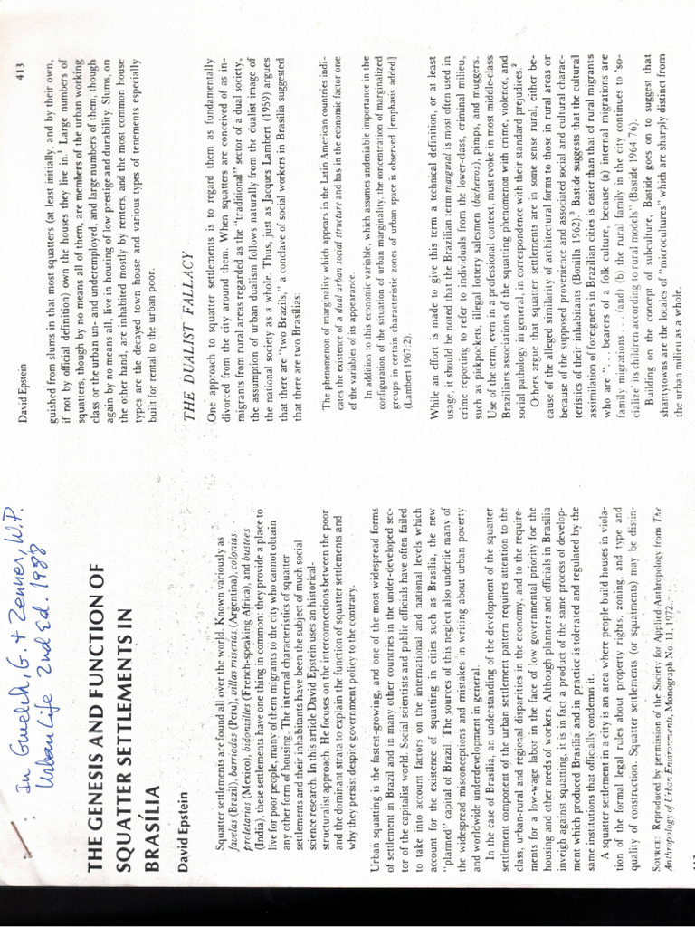 David Epstein. The Genesis and Function of Squatter Settlements in ...