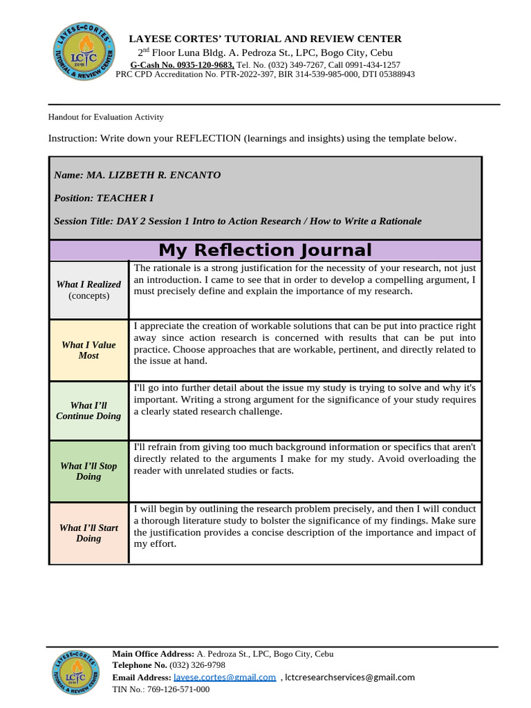 Layese Cortes Tutorial Reflection Guide | PDF | Cognition