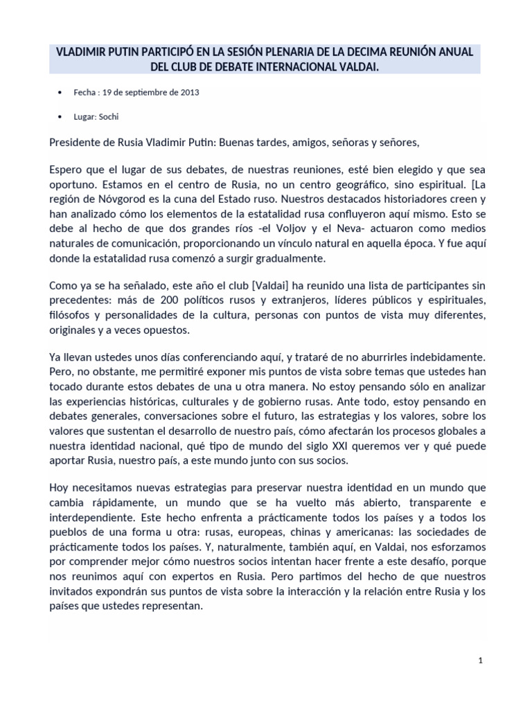 Putin en el Club Valdai: Identidad Nacional | PDF | Nación | Rusia