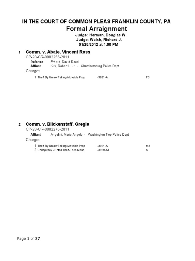 Franklin County Court Jan. 25 Formal Arraignment List | PDF