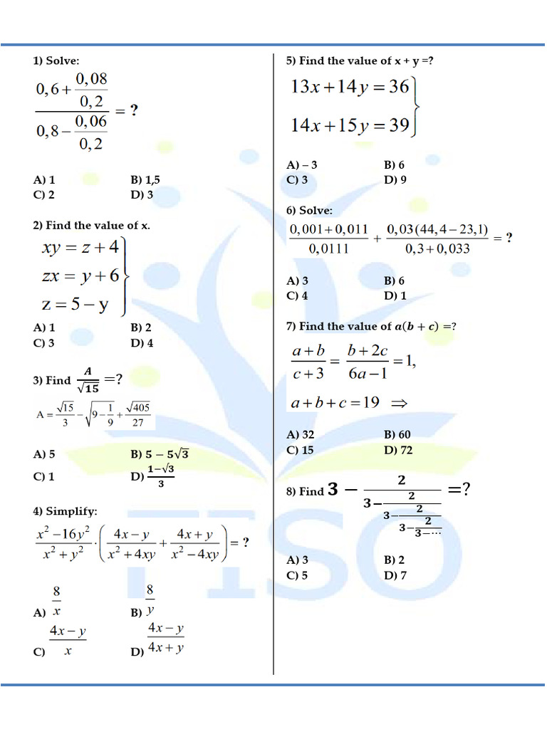 Math Quiz for Grades 9-10 | PDF | Applied Mathematics | Mathematical Physics