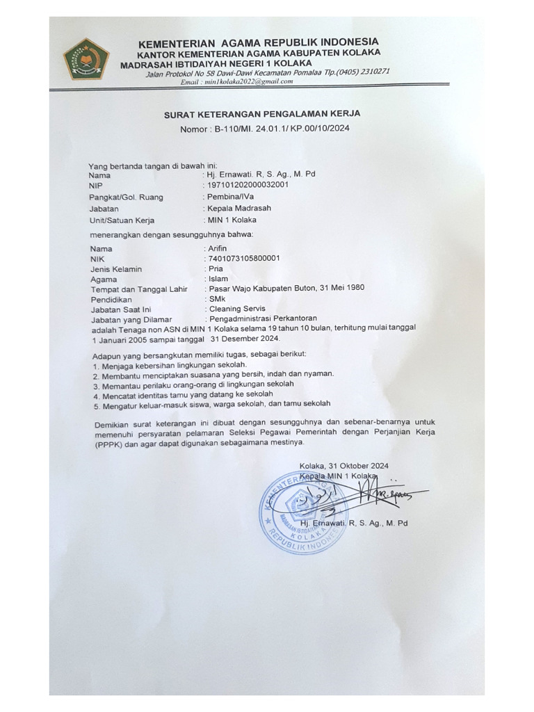 Ket Kerja Pak Arifin | PDF