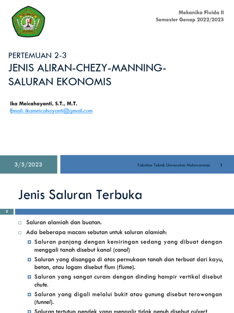 N - Pertemuan 2-3 - Jenis Aliran, Chezy, Manning, Saluran Eknomis | PDF ...