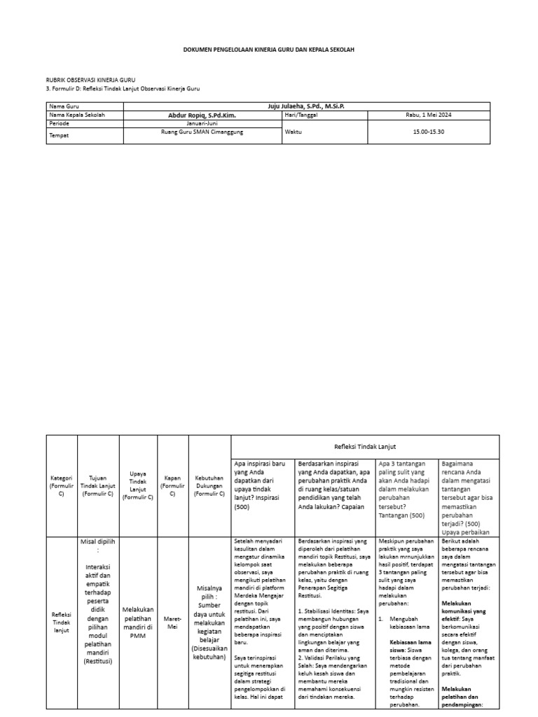 Rubrik Refleksi Tindak Lanjut Observasi Keteraturan Kelas | PDF