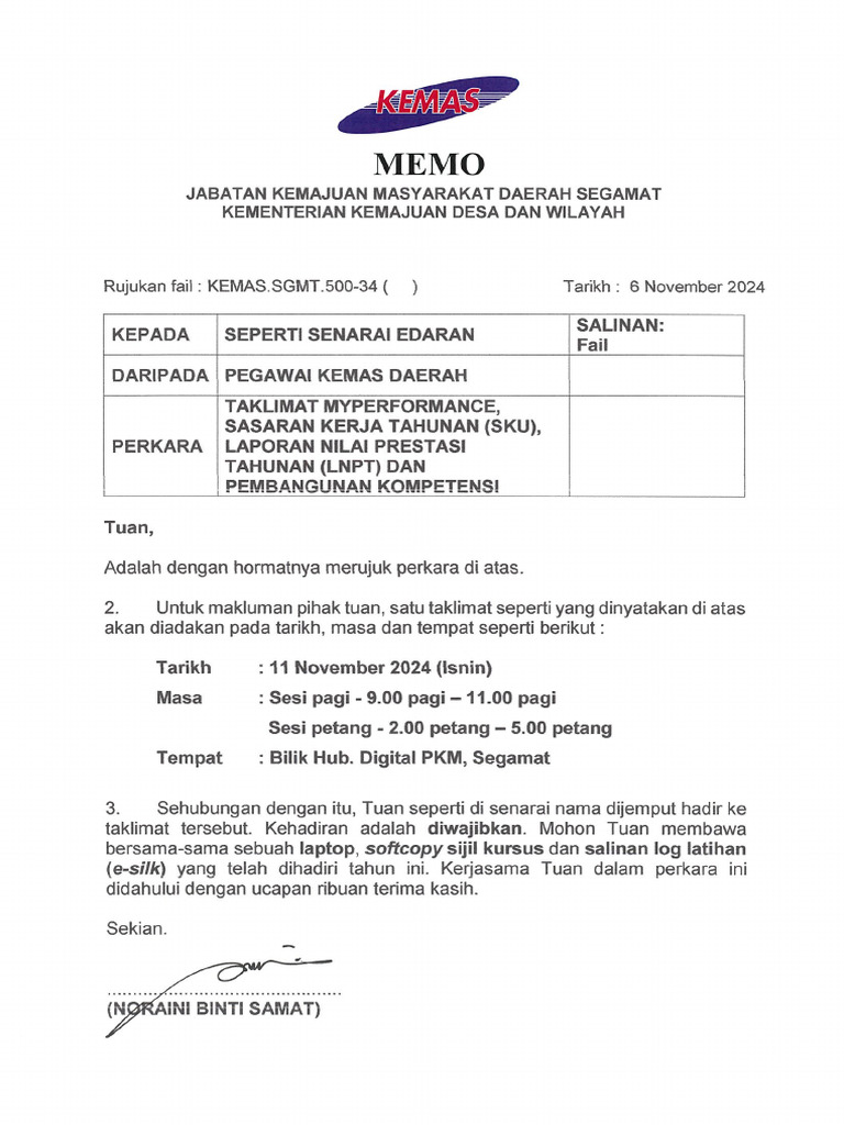 Memo Takliman Myperformance, Sku Dan Pembangunan Kompetensi | PDF
