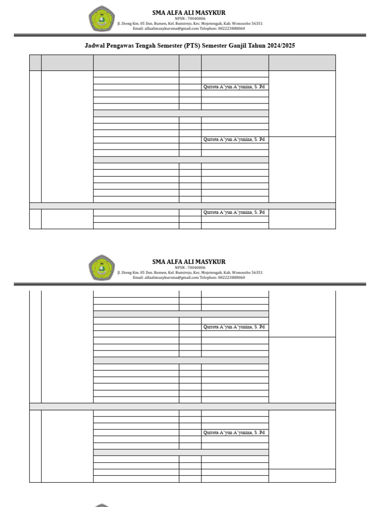 Jadwal PTS SMA Alfa Ali Masykur 2024 | PDF