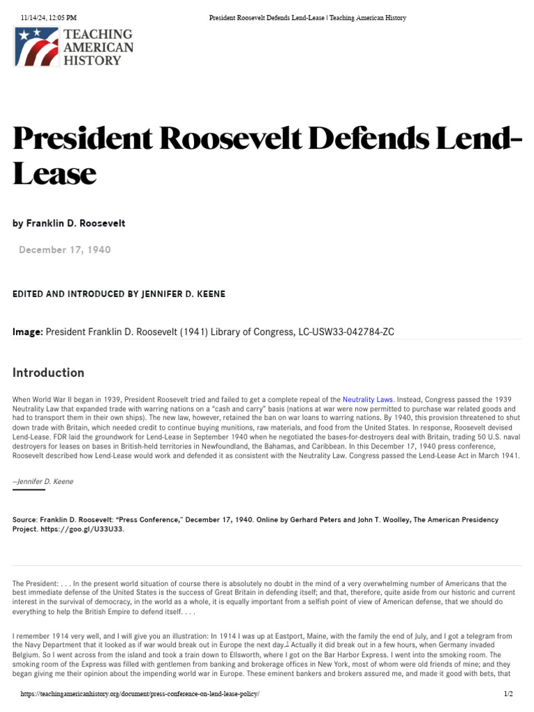 President Roosevelt Defends Lend-Lease - Teaching American History ...