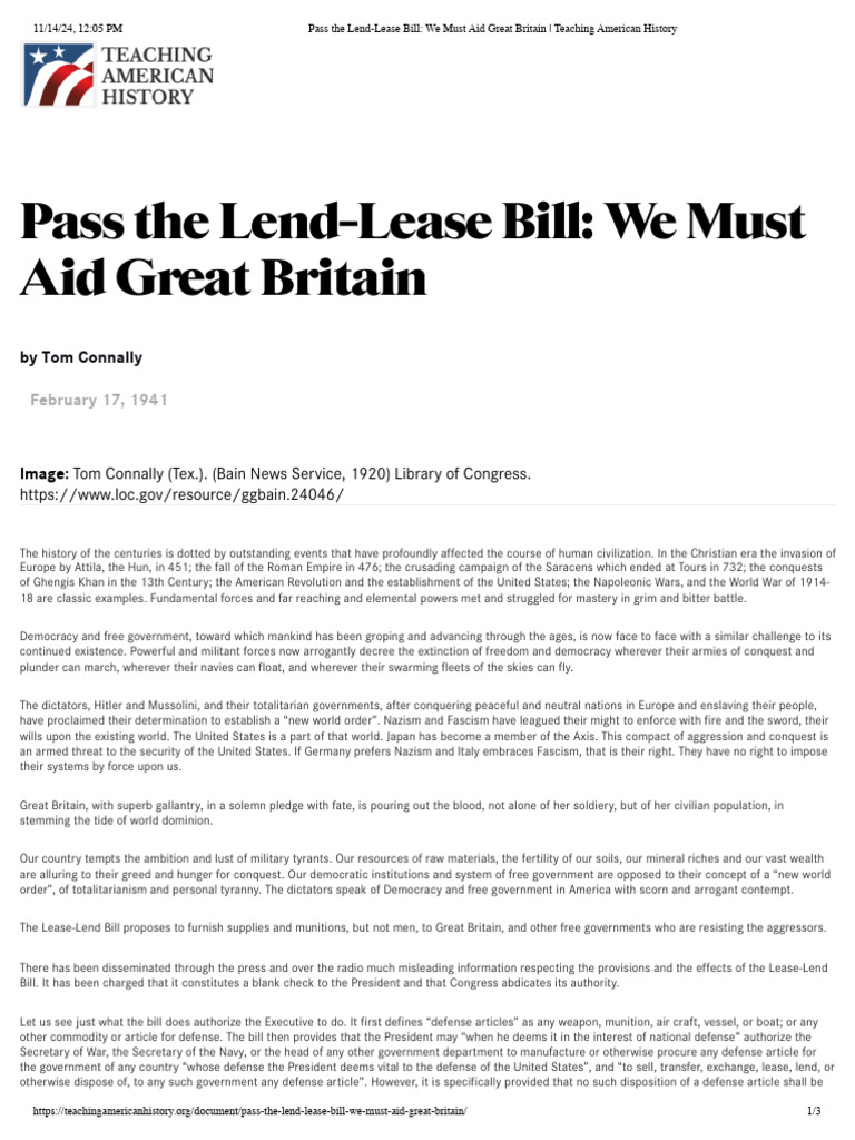 Pass The Lend-Lease Bill - We Must Aid Great Britain - Teaching ...
