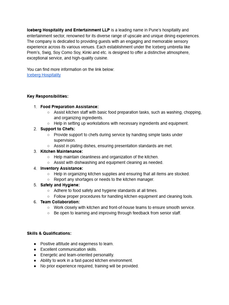 Iceberg Hospitality - JD - Kitchen Fresher | PDF