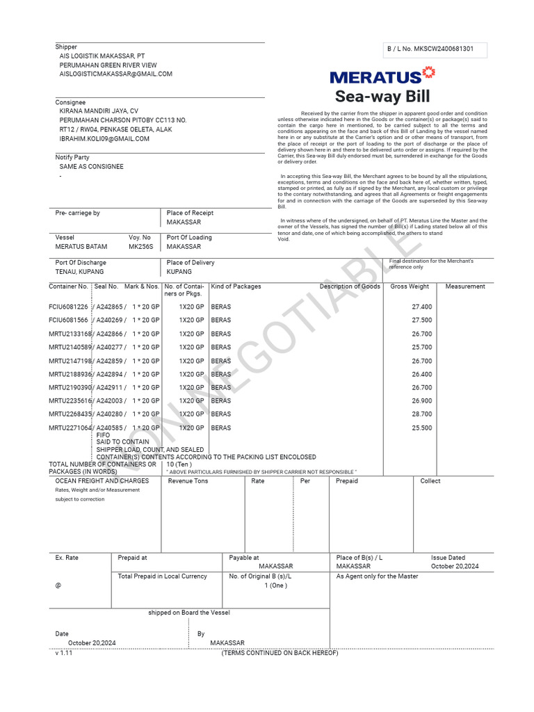 SWB Meratus Batam MK256S Koe (10) KMJ | PDF | Bill Of Lading | Cargo