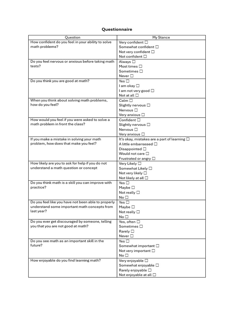 Math Confidence and Anxiety Survey | PDF