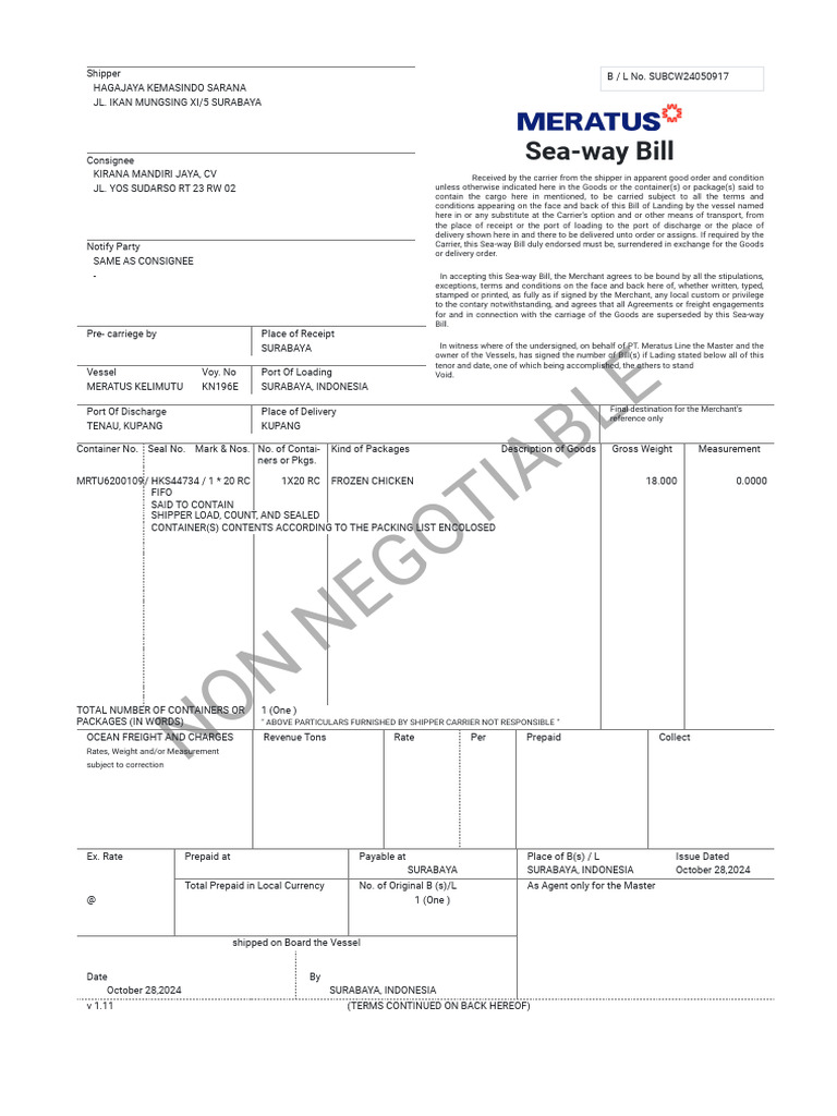 SWB Sub Koe 1x20-Meratus Kelimutu V.kn196e | PDF | Bill Of Lading | Cargo