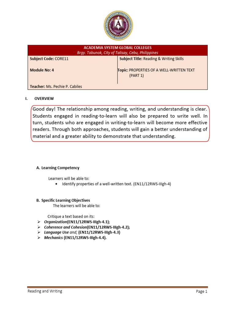 Core 11 Module 4 Edtd | PDF | Paragraph | Literacy