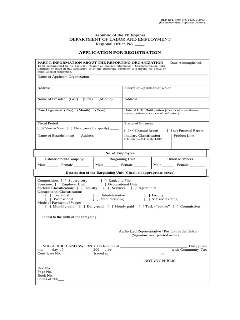 BLR Reg. Form No. 1 - Independent Union | PDF | Employment | Ratification