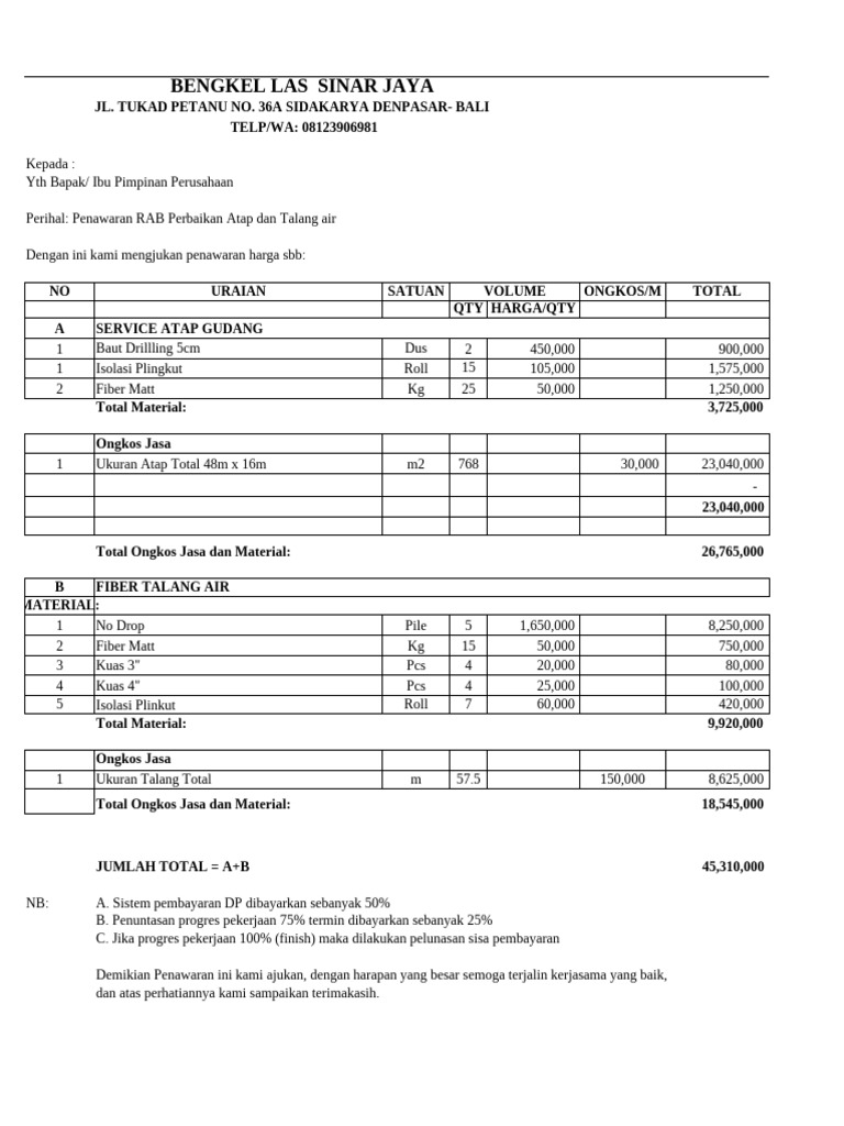 Rab Perbaikan Atap & Talang Billiard | PDF