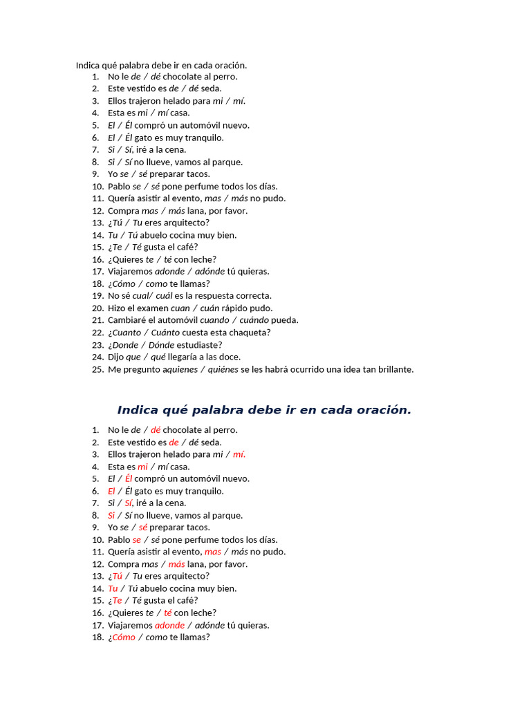 Ejercicios de oraciones para niños | PDF