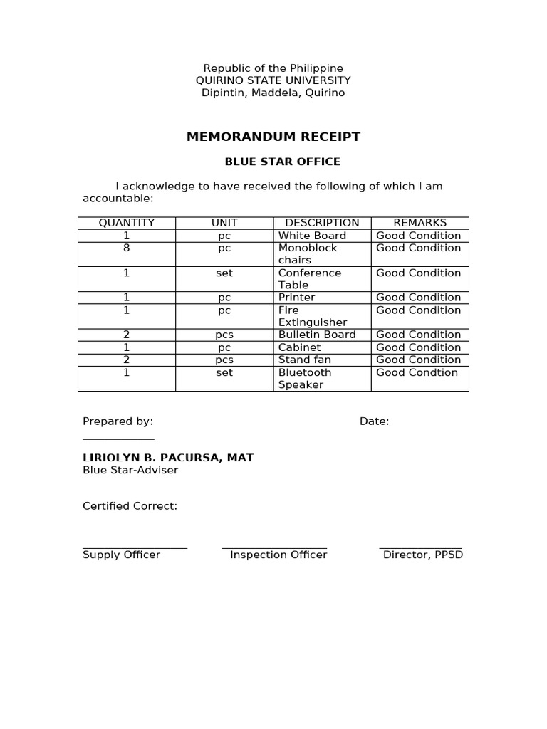 Classroom Inventory Format Memorandum Receipt | PDF | Hygiene | Public ...