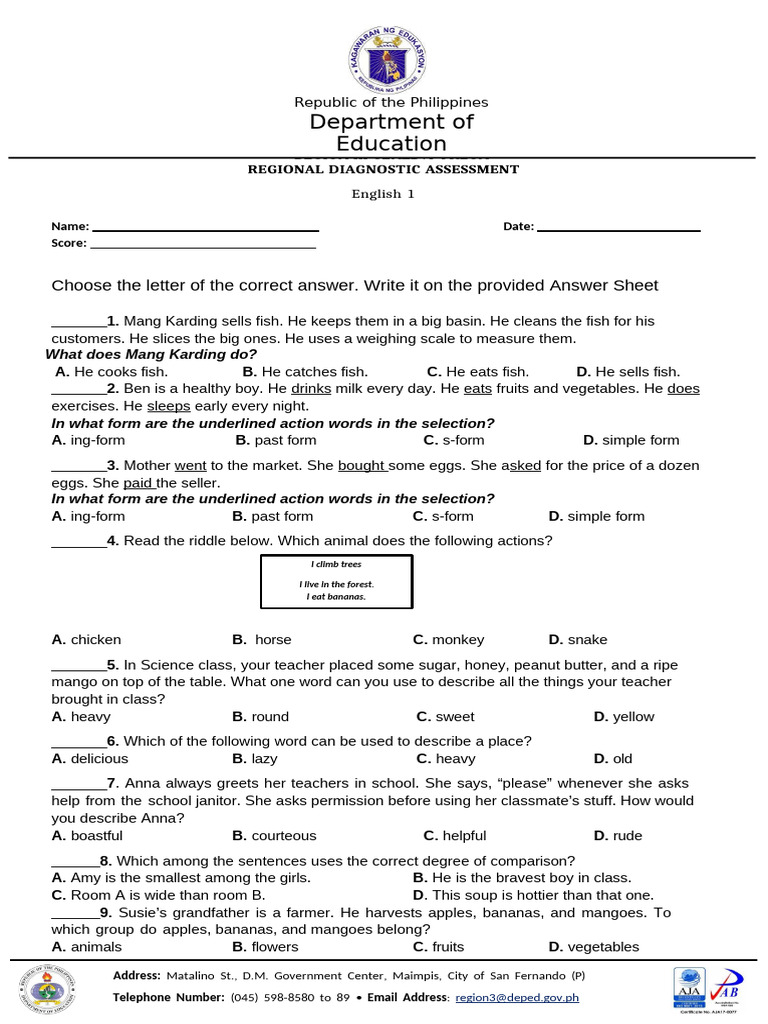 EDITED Diagnostic Assessment Tools in English - Grade 1 | PDF | Punctuation