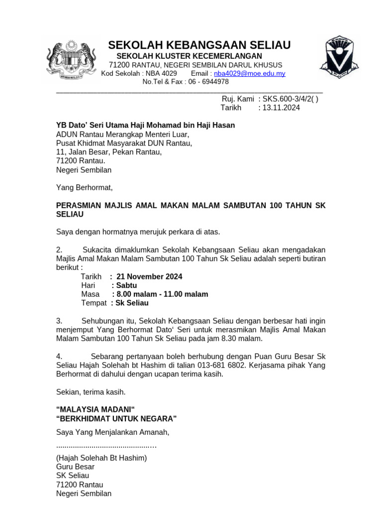 Surat Perasmian Tok Mat 100 Tahun | PDF