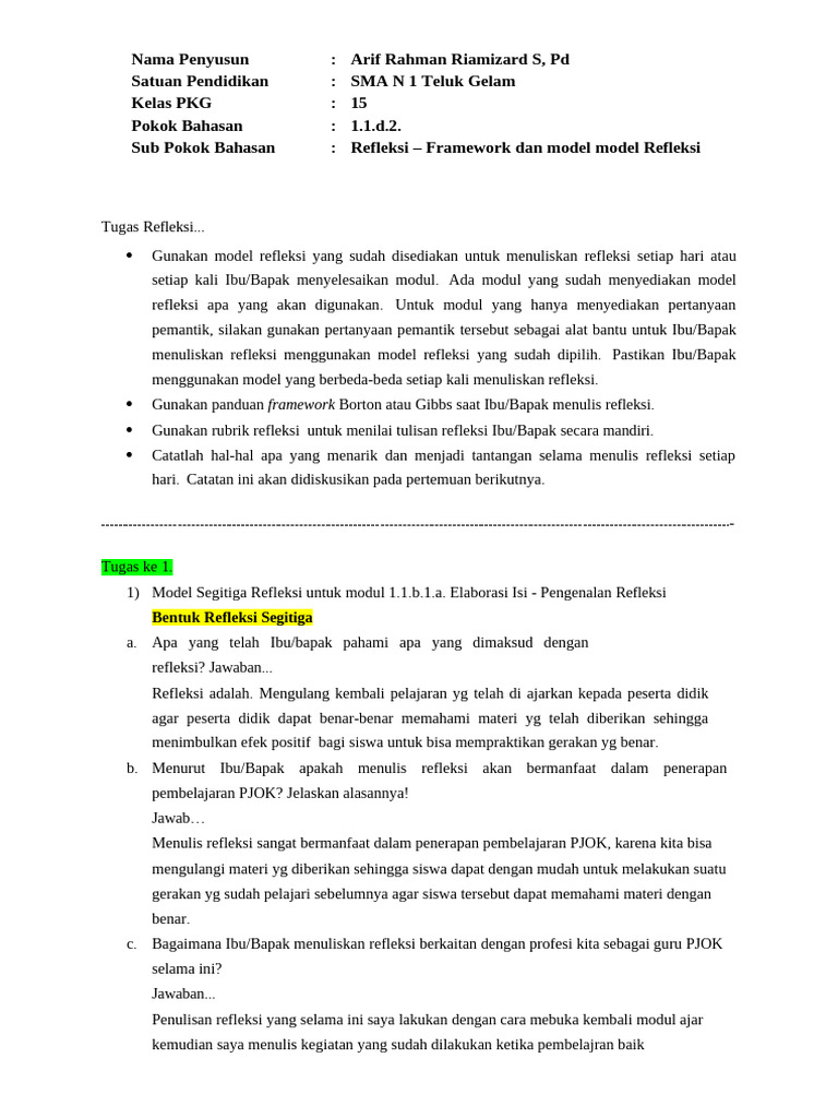 Tugas Arif Rahman Riamizard Modul Refleksi - Framework Dan Model-Model Refleksi | PDF | Karier ...
