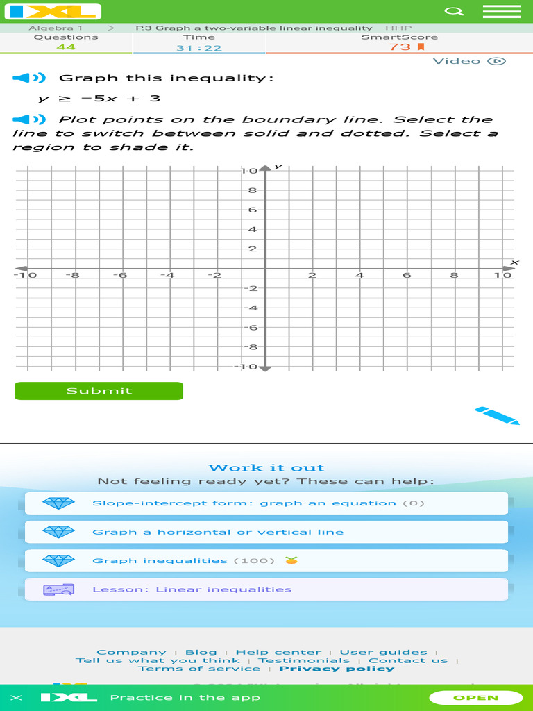 IXL - Graph A Two-Variable Linear Inequality (Algebra 1 Practice) | PDF ...