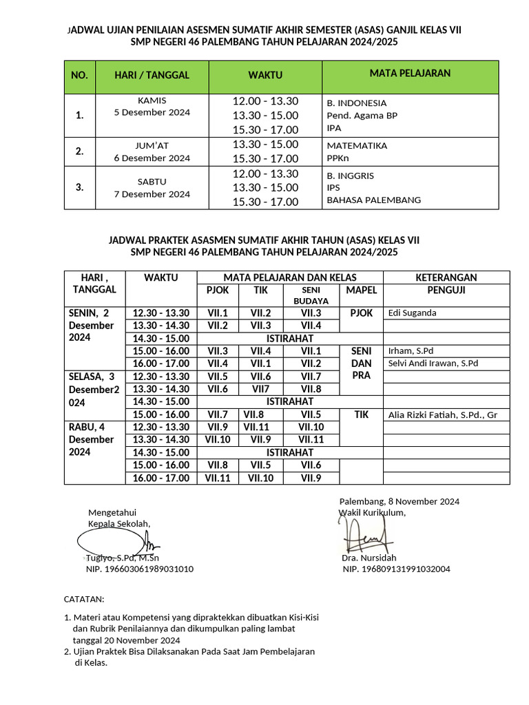 Jadwal Asas Dan Praktek Kelas Vii | PDF