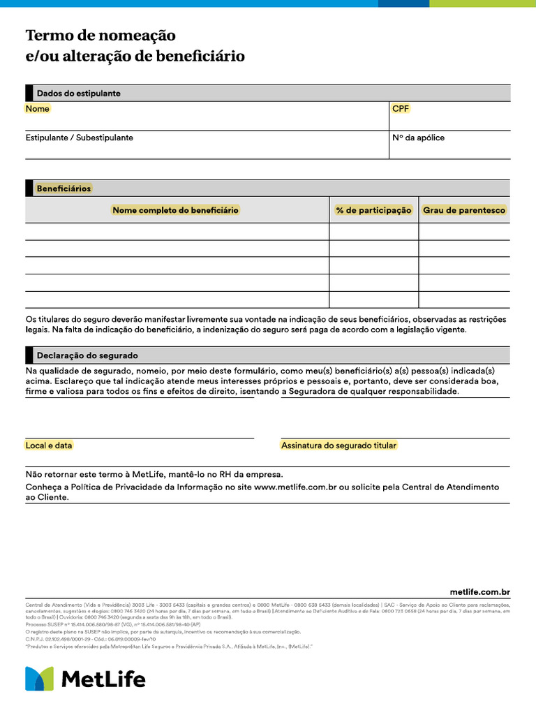 Formulário de Seguro de Vida | PDF