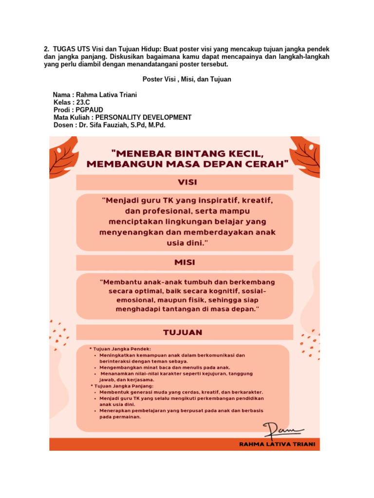 Tugas Uts Bu Sifa No 2 Poster Visi, Misi, Dan Tujuan | PDF | Karier & Perkembangan
