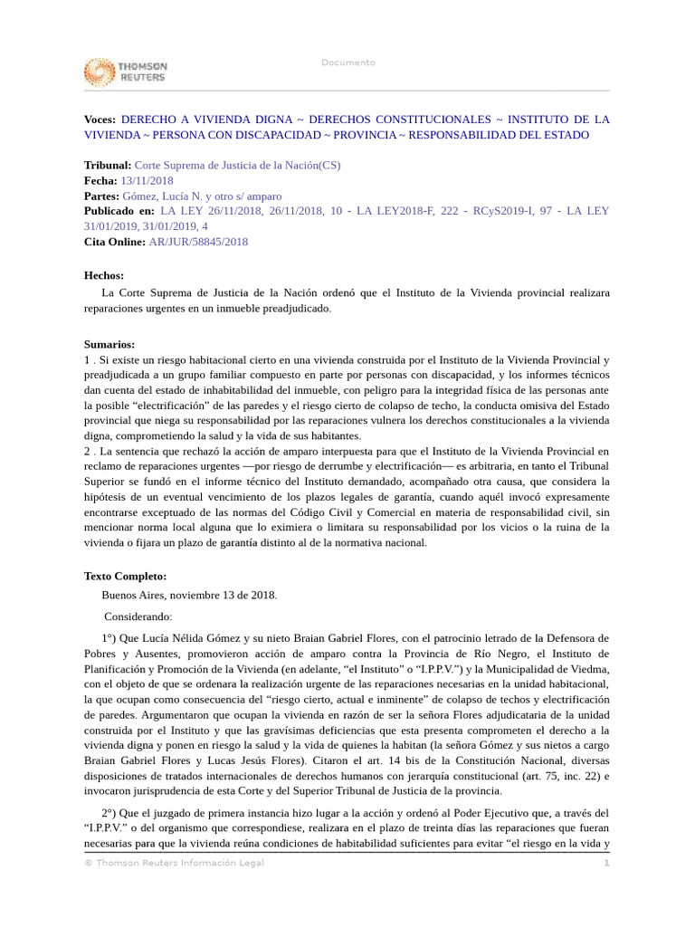 Derecho a Vivienda Digna: Caso Gómez | PDF | Sentencia (ley) | Ley procesal
