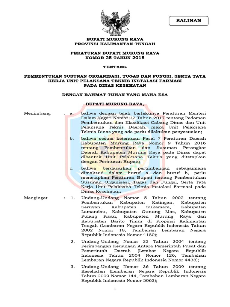 Perbup 25 Tahun 2018 TTG Pembentukan SOTK UPT Farmasi | PDF