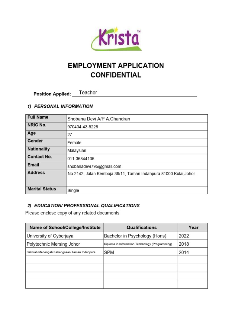 Krista Employment Application Form | PDF