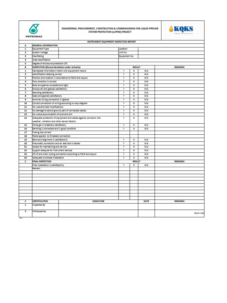 Form I-04 Instrument Equipment Inspection Report | PDF | Electrical ...
