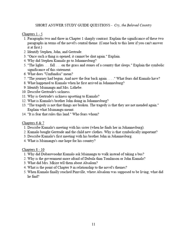 Study Guide: Cry, the Beloved Country | PDF