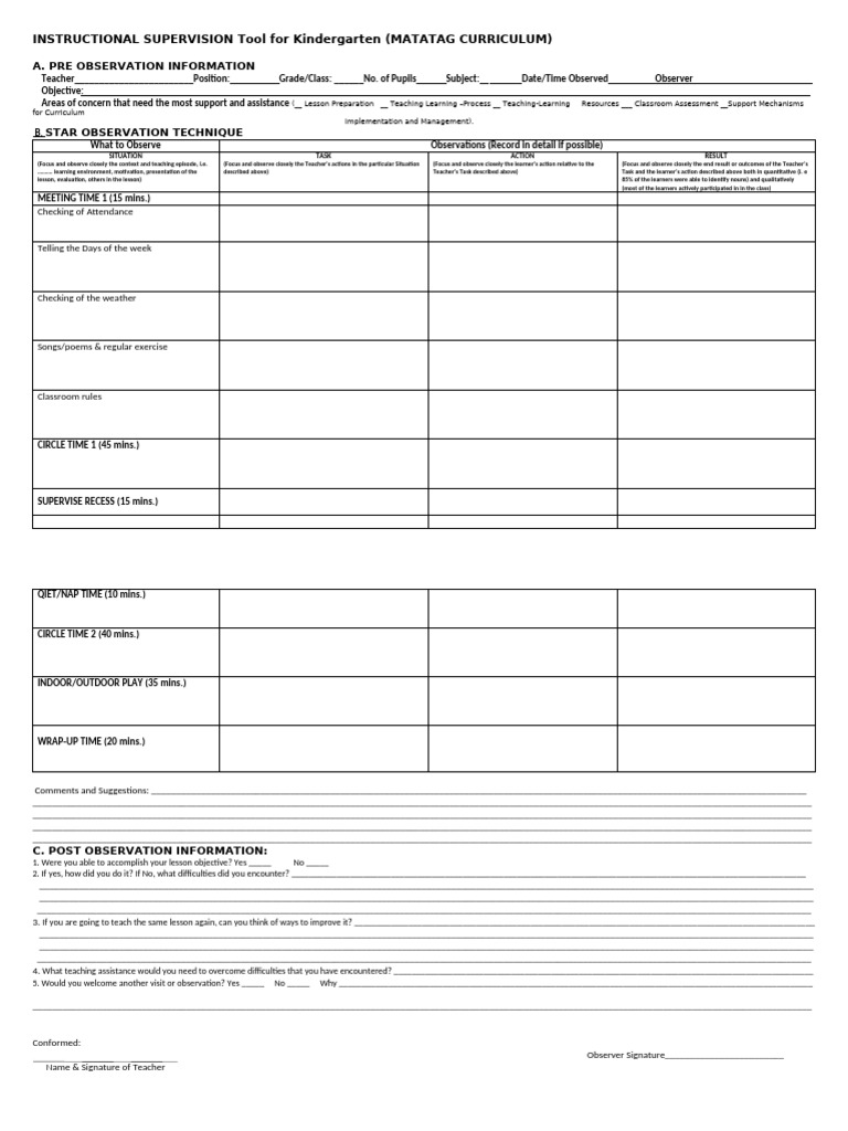 Modified STAR OBSERVATION Tool FOR KINDERGARTEN | PDF | Teachers | Learning