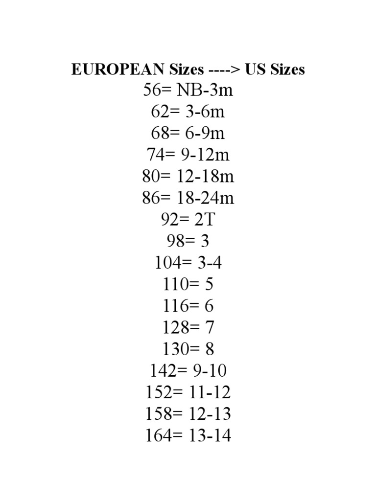 Euro Sizes | PDF | Cooking, Food & Wine