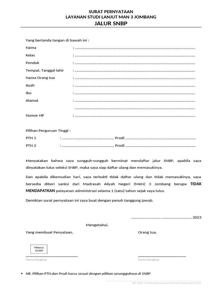 Surat Pernyataan Mengikuti SNBP | PDF