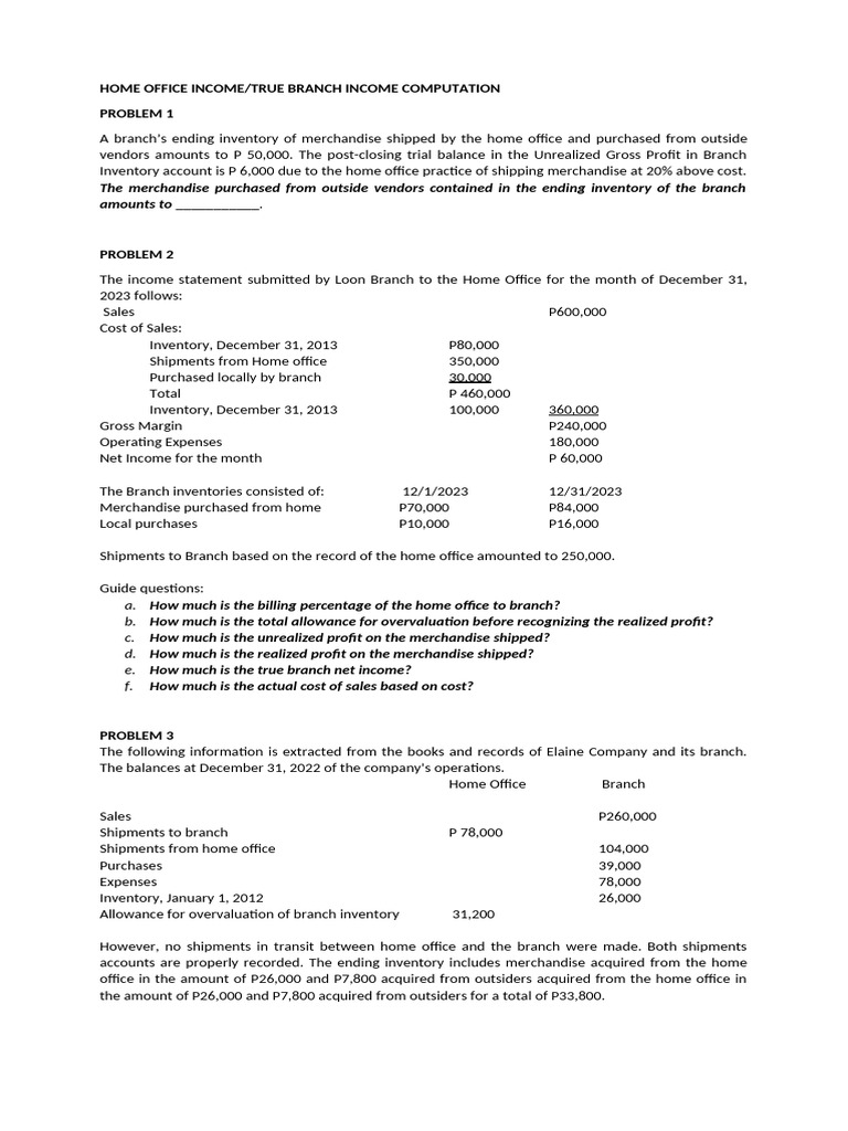 Branch Income and Inventory Analysis | PDF | Inventory | Cost Of Goods Sold