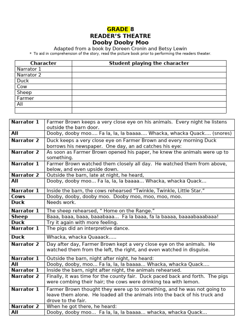 Dooby Dooby Moo: A Reader's Theatre | PDF
