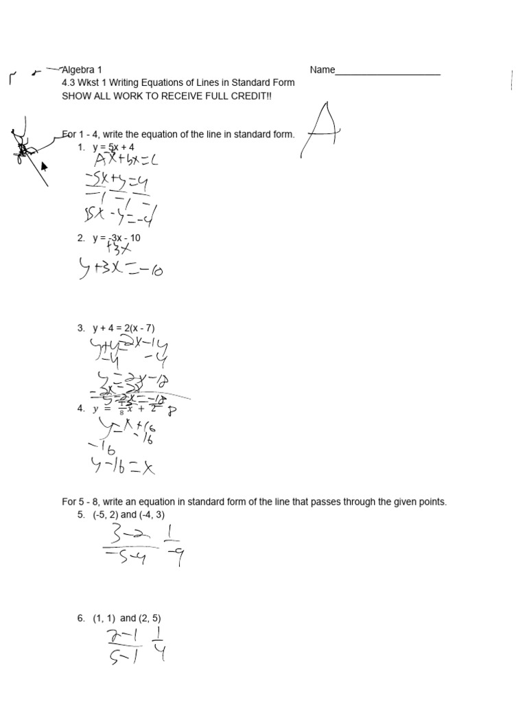 4.3 WKST 1 Writing Equations of Lines in Standard Form | PDF