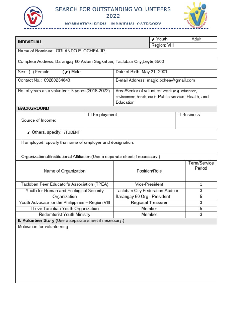SOV 2022 - Nomination Form Individual | PDF | Social Science