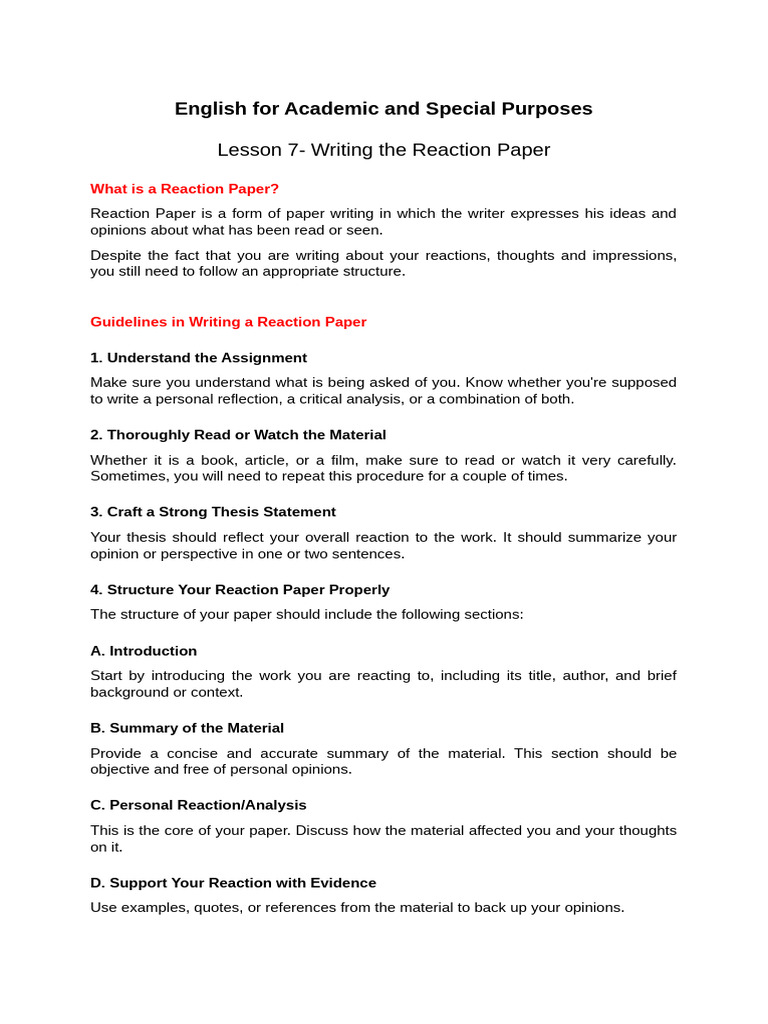 Quarter 2 Lesson 7 Writing The Reaction Paper | PDF | Thought ...
