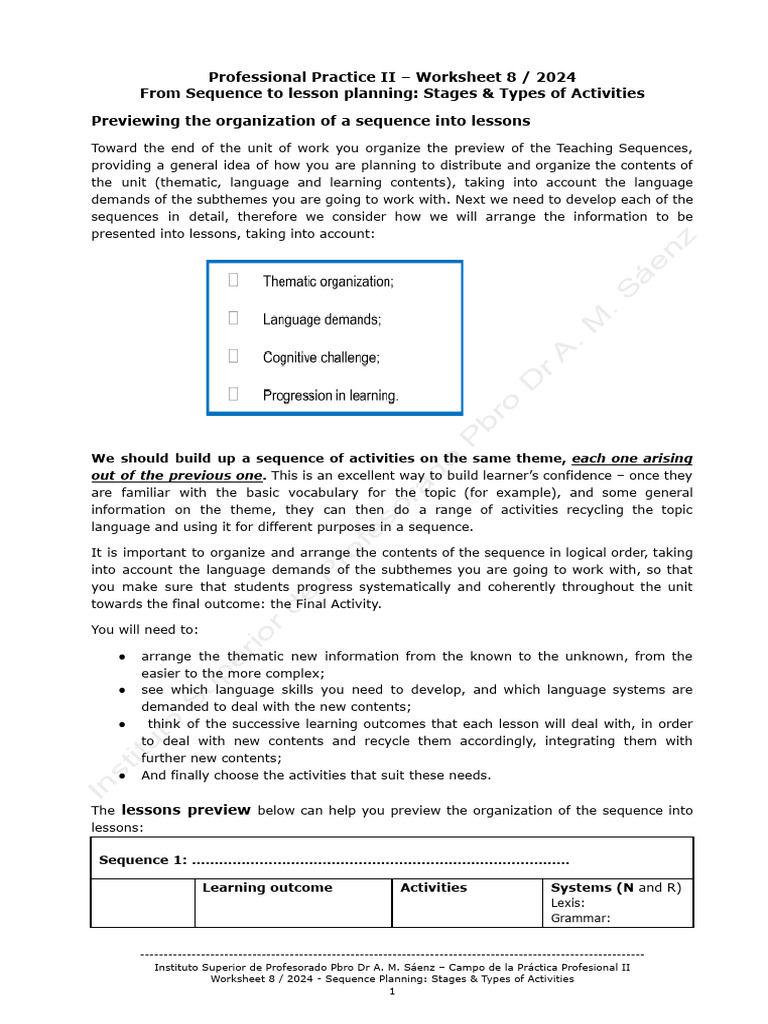 Worksheet 8 - 2024 Sequence Planning Stages Types of Activities - Docx ...
