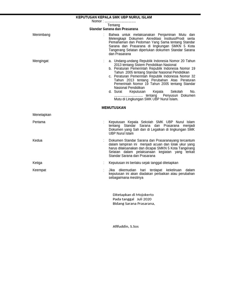 Standar Sarana Prasarana SMK UBP Nurul Islam | PDF