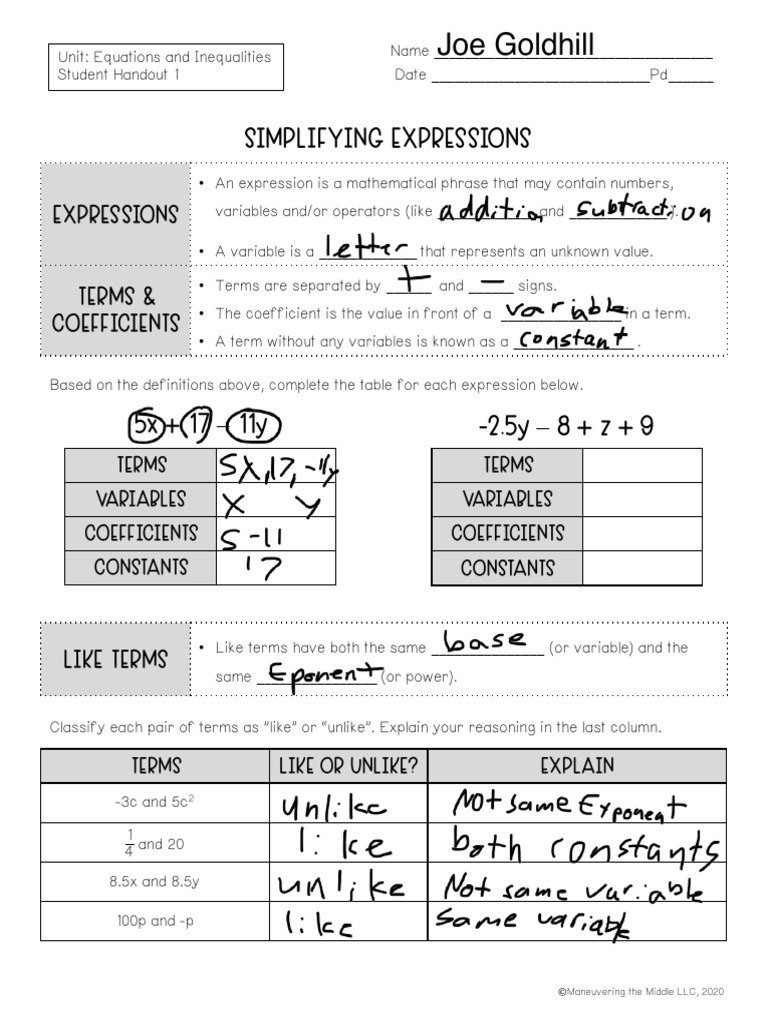 Simplifying Expressions | PDF | Variable (Mathematics) | Equations