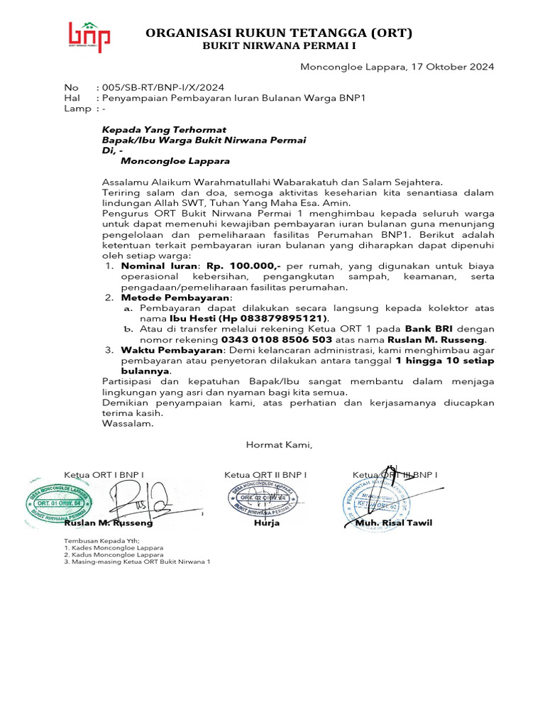 Surat Penyampaian Iuran Bulanan Warga BNP1 | PDF