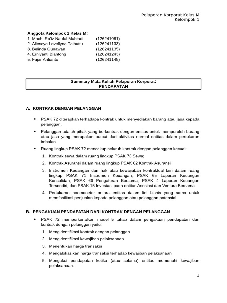 Kelompok 1 Kelas M - Pelaporan Korporat - Summary Materi 12 Pendapatan | PDF